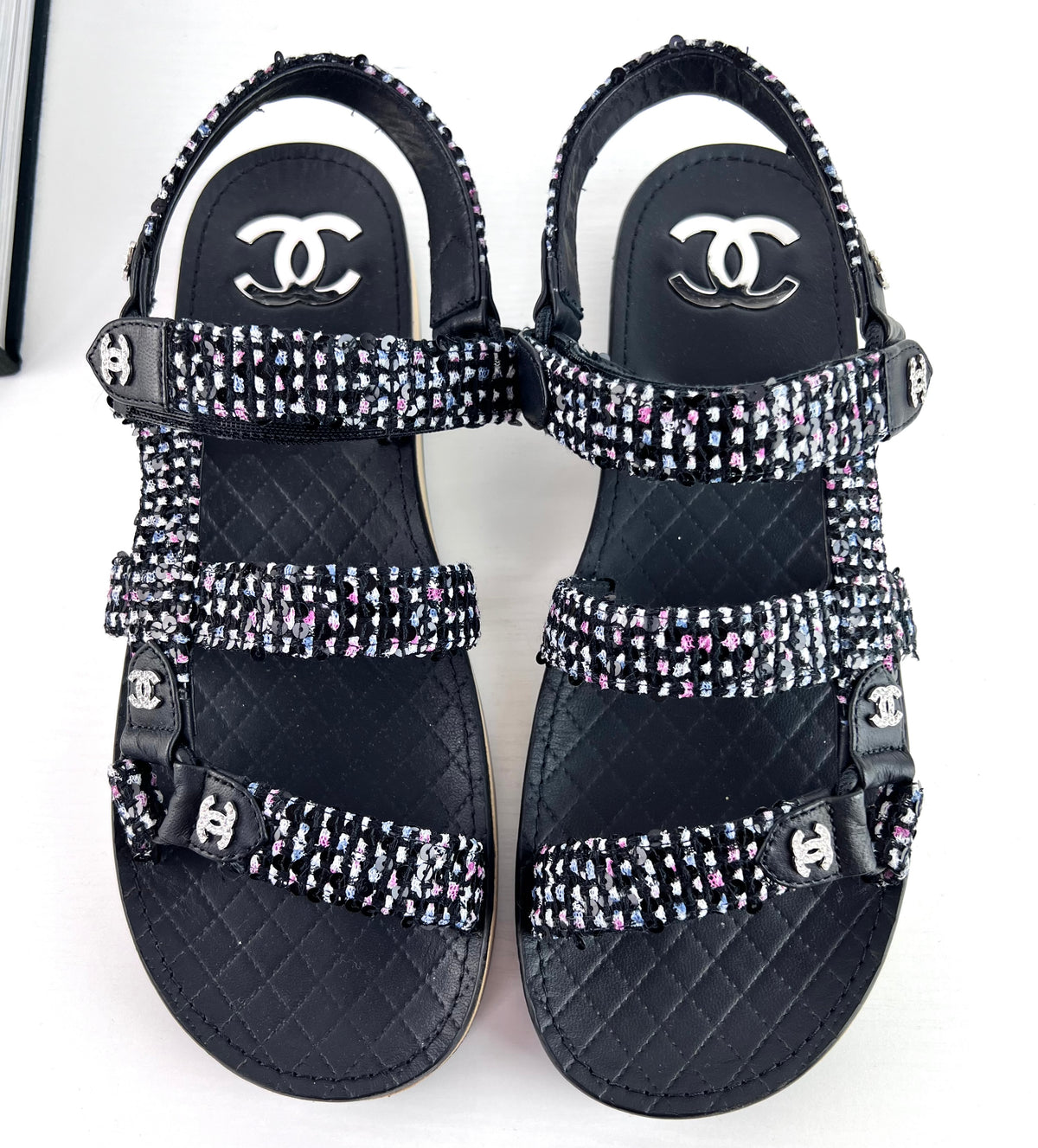 Chanel Tweed Lambskin Crystal CC Sandals Black Multicolor — LSC INC