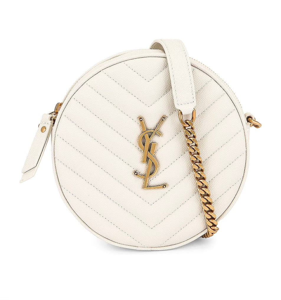 Saint Laurent Vinyle YSL Round Crossbody Bag in Quilted Grained Leathe ...